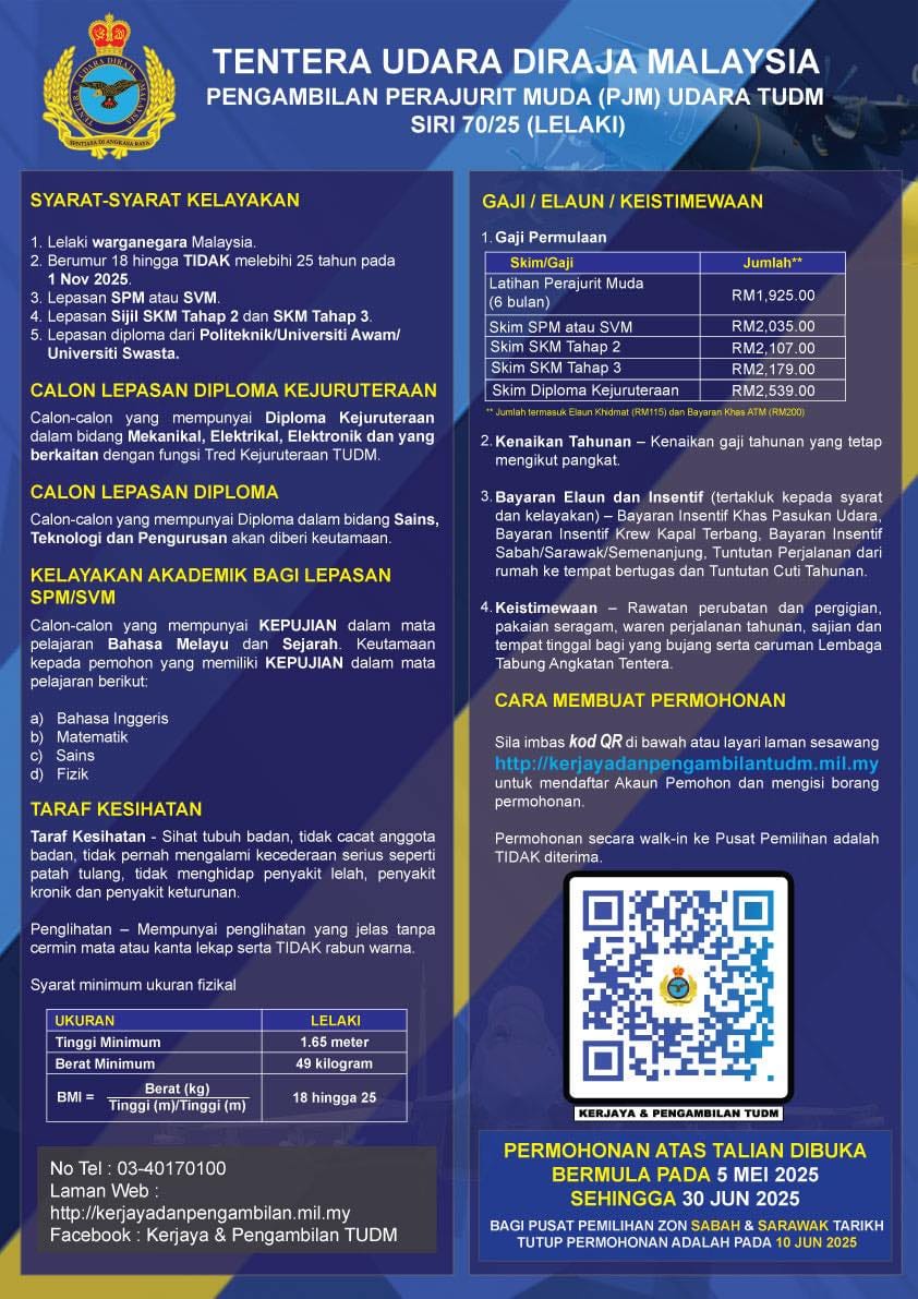 MOHON TUDM 2025 : Pengambilan Perajurit Muda (PJM) Tentera Udara Diraja ...